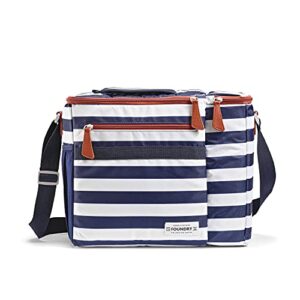 foundry by fit + fresh, brooks dual-compartment insulated cooler bag with wine cooler compartment, food & beverage beach bag, picnic basket, perfect for tailgating & camping accessories, navy stripe