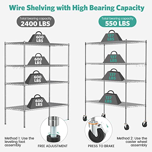 Leteuke Wire Shelving Unit with Wheels, NSF Certified 4 Tier Adjustable Storage Shelves 60"×24"×72", 2400LBS Heavy Duty Shelving Commercial Grade Metal Storage Utility Rack for Kitchen Garage, Chrome