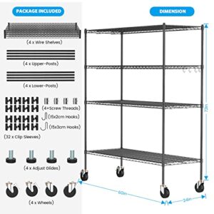 Leteuke Wire Shelving Unit with Wheels, NSF Certified 4 Tier Adjustable Storage Shelves 60"×24"×72", 2400LBS Heavy Duty Shelving Commercial Grade Metal Storage Utility Rack for Kitchen Garage, Black