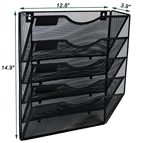 GDINDINFAN 5 Pockets Mesh Hanging Wall File Holder Organizer Wall Mounted Paper Magazine Rack, Black