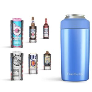 frost buddy universal can cooler - fits all - stainless steel can cooler for 12 oz & 16 oz regular or slim cans & bottles - stainless steel