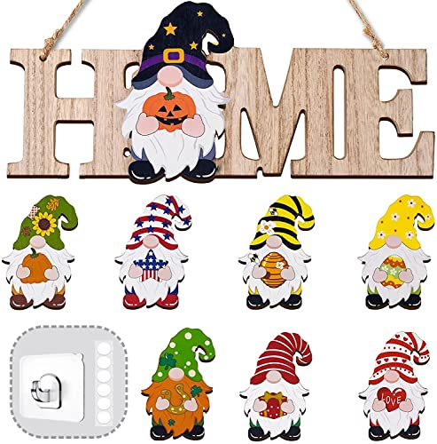 LittleFox 3D Gnome Interchangeable Seasonal Welcome Sign (Upgrade Designed) DIY with 8pcs Detachable Magnet Holiday Icons, Great for Rustic Farmhouse Decor or Housewarming Gift.