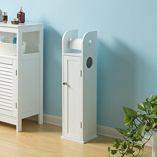 Small Bathroom Toilet Paper Roll Holder with Storage Cabinet and Extra Slot for Tissue Roll, White