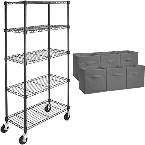 Amazon Basics 5-Shelf Adjustable, Heavy Duty Storage Shelving Unit on 4'' Wheel Casters, Metal Organizer Wire Rack, Black & Collapsible Fabric Storage Cubes Organizer with Handles, Gray - Pack of 6