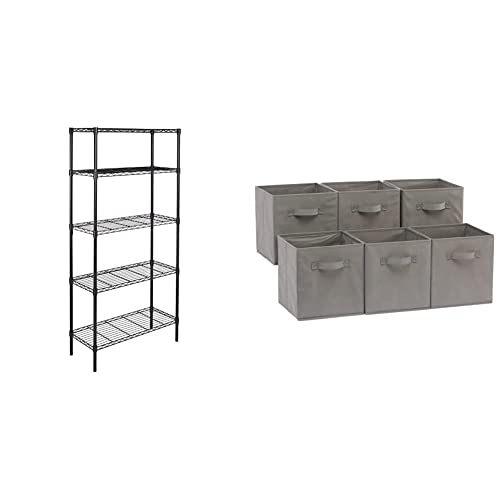 Amazon Basics 5-Shelf Adjustable, Heavy Duty Storage Shelving Unit, Steel Organizer Wire Rack, Black (36L x 14W x 72H) & Collapsible Fabric Storage Cubes Organizer with Handles, Gray - Pack of 6