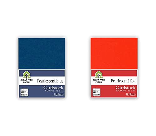 Bundle - 2 Cardstock Items - Pearlescent Blue - 8.5 x 11 inch - 105Lb Cover; Pearlescent Red - 8.5 x 11 inch - 105Lb Cover - 20 Sheets Total - Clear Path Paper