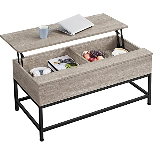 Yaheetech Lift Top Coffee Table with Storage and Metal Frame for Living Room, Split Lift Up Coffee Table with Hidden Compartments, Center Table for Reception Room, Easy to Lift Up, Gray