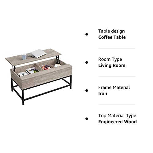 Yaheetech Lift Top Coffee Table with Storage and Metal Frame for Living Room, Split Lift Up Coffee Table with Hidden Compartments, Center Table for Reception Room, Easy to Lift Up, Gray