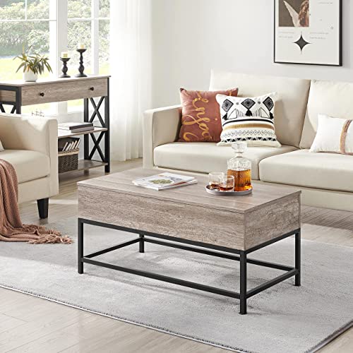 Yaheetech Lift Top Coffee Table with Storage and Metal Frame for Living Room, Split Lift Up Coffee Table with Hidden Compartments, Center Table for Reception Room, Easy to Lift Up, Gray