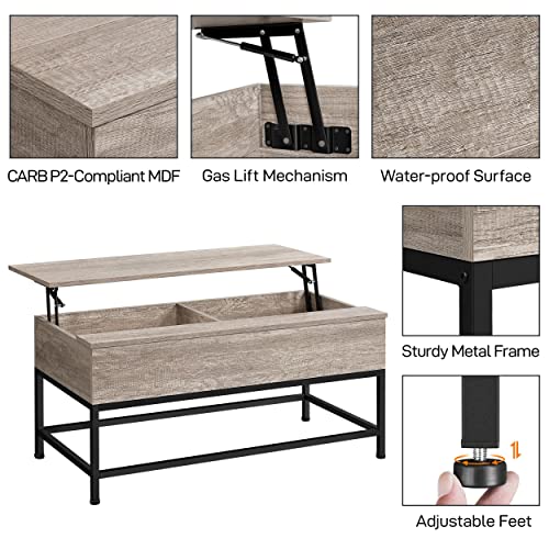 Yaheetech Lift Top Coffee Table with Storage and Metal Frame for Living Room, Split Lift Up Coffee Table with Hidden Compartments, Center Table for Reception Room, Easy to Lift Up, Gray