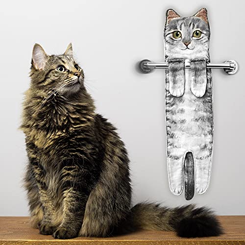 AGRIMONY Cat Funny Hand Towels for Bathroom Kitchen - Cute Decorative Cat Decor Hanging Washcloths Face Towels Super Absorbent Soft - Housewarming Gift for Cat Lovers - Gray