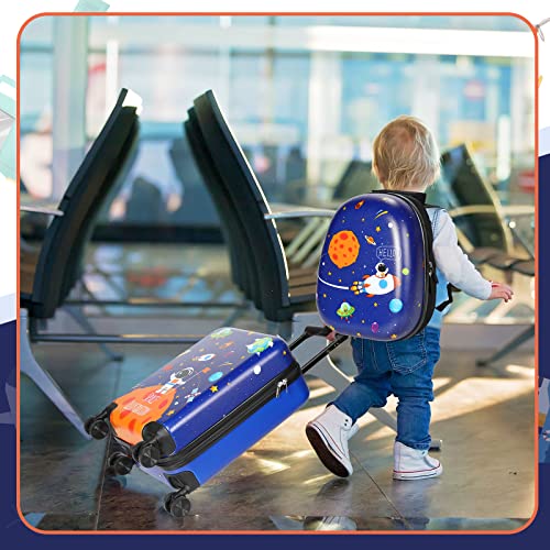 Kids Luggage and Backpack 18" Suitcase with Spinner Wheel Hard Case Travel Suitcase 13" Backpack Girl Suitcase Set for Kids Travel Suitcase Supplies (Blue, Spaceman Style)