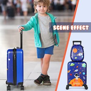 Kids Luggage and Backpack 18" Suitcase with Spinner Wheel Hard Case Travel Suitcase 13" Backpack Girl Suitcase Set for Kids Travel Suitcase Supplies (Blue, Spaceman Style)