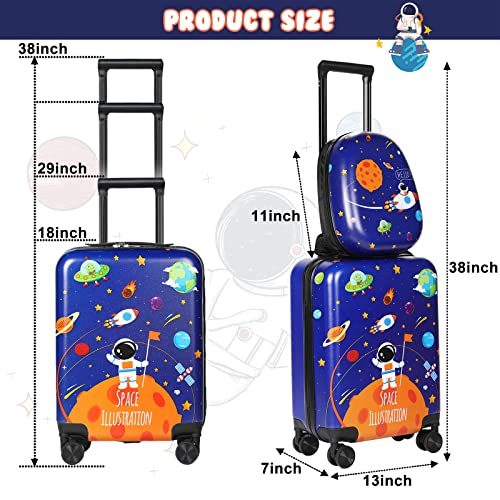 Kids Luggage and Backpack 18" Suitcase with Spinner Wheel Hard Case Travel Suitcase 13" Backpack Girl Suitcase Set for Kids Travel Suitcase Supplies (Blue, Spaceman Style)