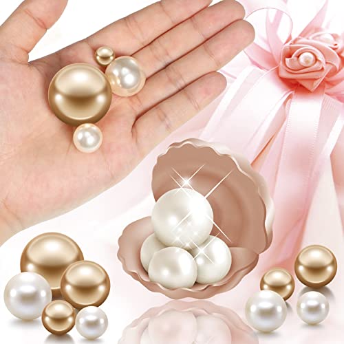 200 Pieces Pearl for Vase Filler Pearl Beads No Hole Pearl Vase Makeup Beads for Brushes Holder for Home Wedding Decor, 10/14/20/30 mm (White, Gold)