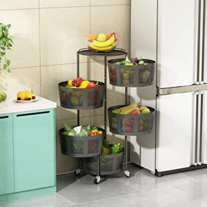 metal stackable storage baskets kitchen wire fruit vegetable basket organizer, movable 5-tier floor living room stand household shelf for kitchen, bathroom, pantry (black)