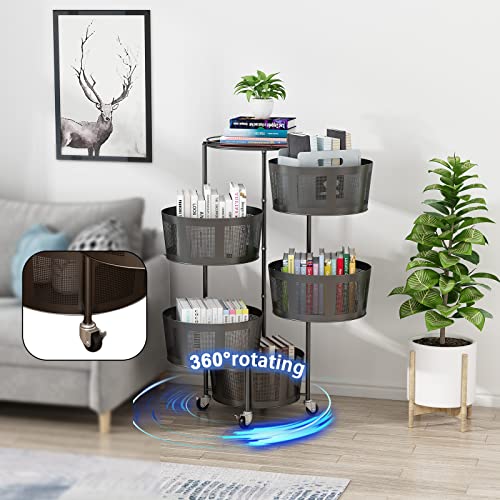 Metal Stackable Storage Baskets Kitchen Wire Fruit Vegetable Basket Organizer, Movable 5-Tier Floor Living Room Stand Household Shelf for Kitchen, Bathroom, Pantry (Black)