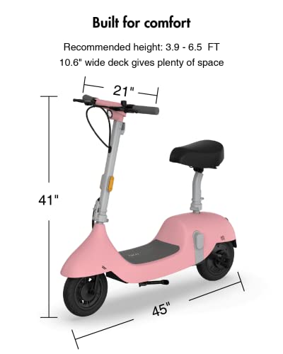 OKAI EA10 Electric Scooter with Seat, Up to 25 Miles Range & 15.5MPH, Moped Scooter Bike for Adults with 10 Inch Vacuum Tires(Pink)