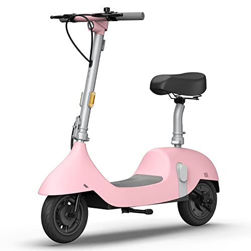 OKAI EA10 Electric Scooter with Seat, Up to 25 Miles Range & 15.5MPH, Moped Scooter Bike for Adults with 10 Inch Vacuum Tires(Pink)