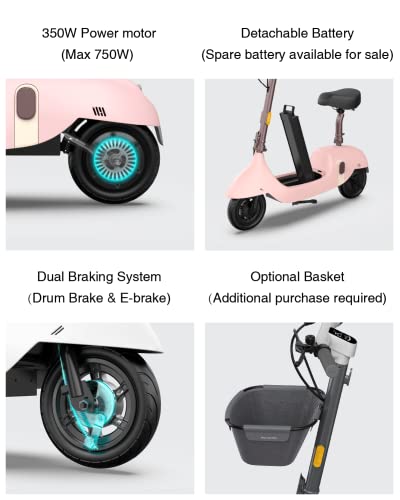 OKAI EA10 Electric Scooter with Seat, Up to 25 Miles Range & 15.5MPH, Moped Scooter Bike for Adults with 10 Inch Vacuum Tires(Pink)