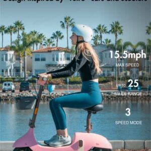 OKAI EA10 Electric Scooter with Seat, Up to 25 Miles Range & 15.5MPH, Moped Scooter Bike for Adults with 10 Inch Vacuum Tires(Pink)