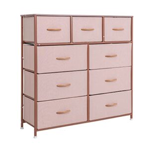 prime garden wide dresser storage tower with 9 drawers, steel frame, wood top, wood handle, furniture fabric organizer unit for bedroom, hallway, entryway, closets, rose gold