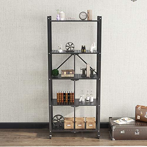 SogesPower 5 Shelf Storage Rack Foldable Metal Shelves Units with Rolling Wheels Freestanding Book Shelf No Assembly Display Organizer for Kitchen Garage Pantry, Black SPCXYM-R5-B