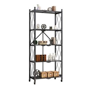 SogesPower 5 Shelf Storage Rack Foldable Metal Shelves Units with Rolling Wheels Freestanding Book Shelf No Assembly Display Organizer for Kitchen Garage Pantry, Black SPCXYM-R5-B