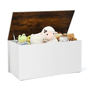 costzon kids toy box storage chest, wooden children storage bench ottoman trunk w/flip-top lid, 35.5” wide toddler cabinet organizer w/pneumatic rod for kids play room nursery (rustic brown + white)