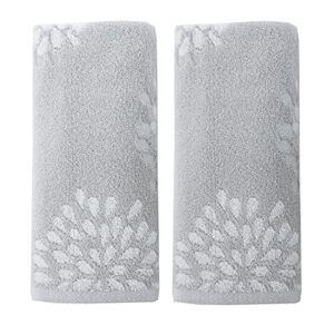 Pidada Hand Towels Set of 2 Hydrangea Floral Pattern 100% Cotton Absorbent Soft Decorative Towel for Bathroom (Light Grey)