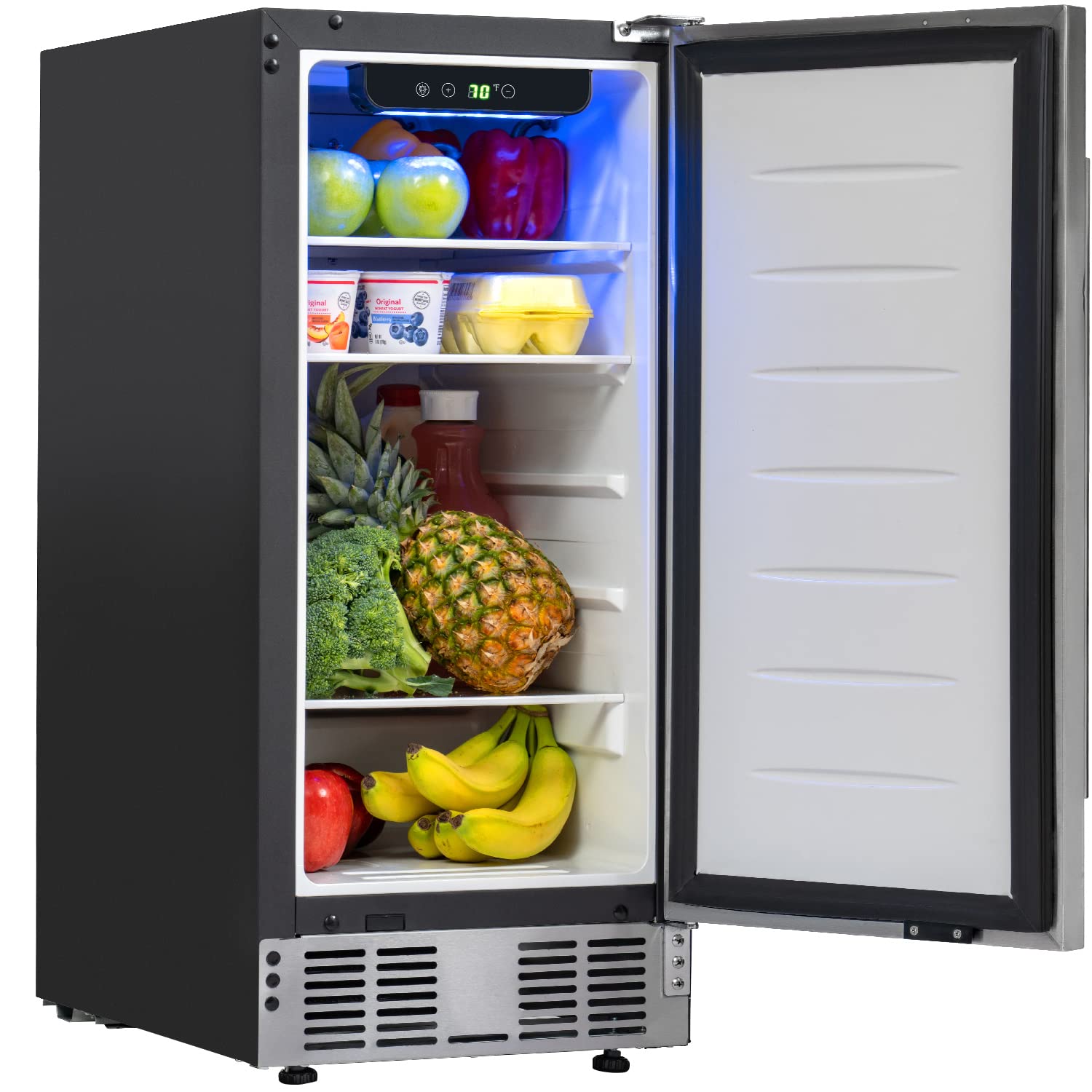 Deco Chef 15-Inch Under Counter Mini Fridge, Stainless Steel Finish, Adjustable Digital Thermostat, 32F to 50F, Refrigerator for Food, Snacks, Sodas, Beer, Wine