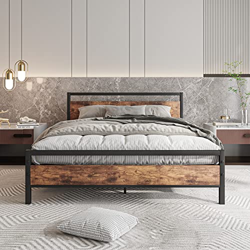 HOJINLINERO Queen Bed Frame with Headboard,Metal Platform Bed Frame Queen with Headboard,Mattress Foundation,No Box Spring Needed Under Bed Storage Industrial Steel Slats,Black…