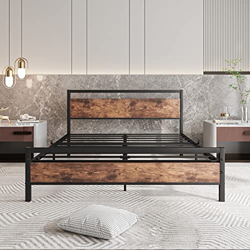 HOJINLINERO Queen Bed Frame with Headboard,Metal Platform Bed Frame Queen with Headboard,Mattress Foundation,No Box Spring Needed Under Bed Storage Industrial Steel Slats,Black…