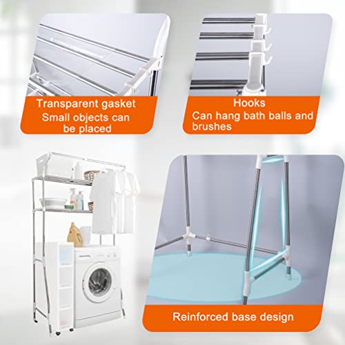 BAOYOUNI 2-Tier Laundry Room Shelf Over Washing Machine Storage Utility Rack Above Toilet Washer Dryer Bathroom Organizer Width Adjustable Space Saving Shelving Units with Clothes Hanging Rod, White