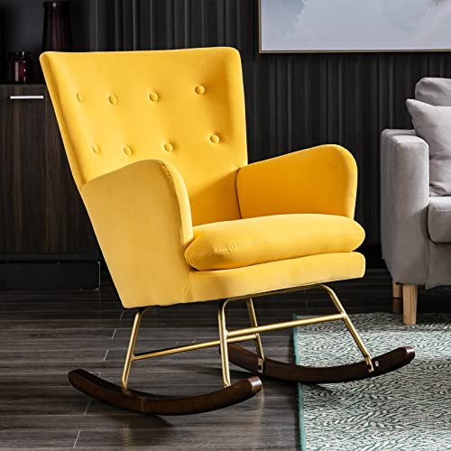 DUOMAY Modern Accent Rocking Chair, Velvet Tufted Uplostered Glider Rocker Armchair for Baby Nursery, Comfy Side Leisure Chair with Gold Legs for Living Room Bedroom Office, Yellow