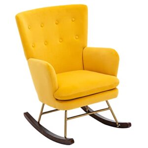 DUOMAY Modern Accent Rocking Chair, Velvet Tufted Uplostered Glider Rocker Armchair for Baby Nursery, Comfy Side Leisure Chair with Gold Legs for Living Room Bedroom Office, Yellow