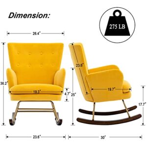 DUOMAY Modern Accent Rocking Chair, Velvet Tufted Uplostered Glider Rocker Armchair for Baby Nursery, Comfy Side Leisure Chair with Gold Legs for Living Room Bedroom Office, Yellow