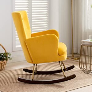 DUOMAY Modern Accent Rocking Chair, Velvet Tufted Uplostered Glider Rocker Armchair for Baby Nursery, Comfy Side Leisure Chair with Gold Legs for Living Room Bedroom Office, Yellow