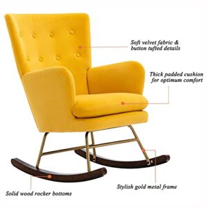 DUOMAY Modern Accent Rocking Chair, Velvet Tufted Uplostered Glider Rocker Armchair for Baby Nursery, Comfy Side Leisure Chair with Gold Legs for Living Room Bedroom Office, Yellow