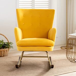 DUOMAY Modern Accent Rocking Chair, Velvet Tufted Uplostered Glider Rocker Armchair for Baby Nursery, Comfy Side Leisure Chair with Gold Legs for Living Room Bedroom Office, Yellow