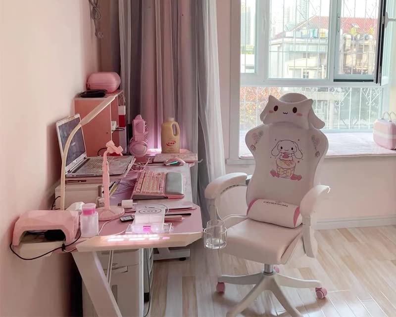 Cinnamoroll Pink Gaming Chair for Kids, Cartoon Gamer Chair for Teens Adults Computer Chair for Girls Video Game Chairs Silla Gamer Ergonomic PC Chair（Pink-White）