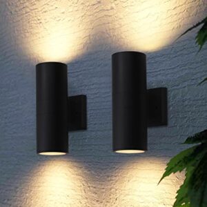 leonlite modern outdoor cylinder wall lights, porch light in 2 lights, up down lights outdoor, matte black waterproof wall sconce, aluminum, e26 base, exterior light fixture wall mount, etl, pack of 2