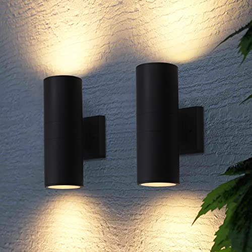 LEONLITE Modern Outdoor Cylinder Wall Lights, Porch Light in 2 Lights, Up Down Lights Outdoor, Matte Black Waterproof Wall Sconce, Aluminum, E26 Base, Exterior Light Fixture Wall Mount, ETL, Pack of 2