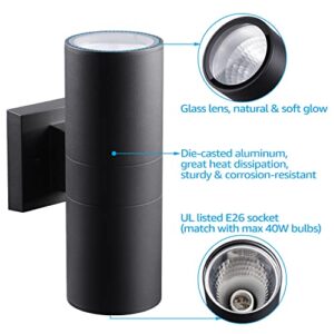 LEONLITE Modern Outdoor Cylinder Wall Lights, Porch Light in 2 Lights, Up Down Lights Outdoor, Matte Black Waterproof Wall Sconce, Aluminum, E26 Base, Exterior Light Fixture Wall Mount, ETL, Pack of 2