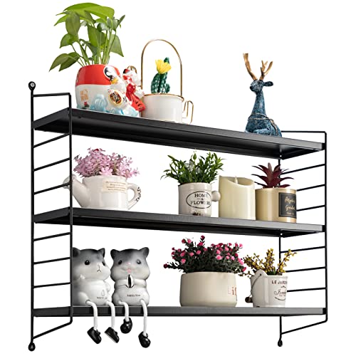 Praktiban Wall Mounted 3 Tier Floating Shelf, Adjustable Hanging Display Shelf Bathroom Shelf, Storage Shelf for Plants, Books and Decorations, Bookshelf for Office, Black