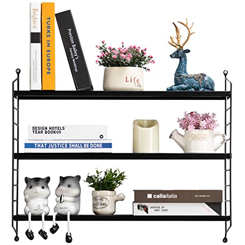 Praktiban Wall Mounted 3 Tier Floating Shelf, Adjustable Hanging Display Shelf Bathroom Shelf, Storage Shelf for Plants, Books and Decorations, Bookshelf for Office, Black