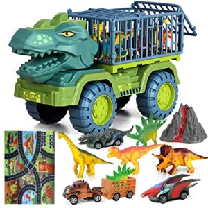 deejoy toy truck, dinosaur transport car with dinosaur toys, dinosaur pull back car, play mat, dinosaur identification cards, dinosaur playset birthday gift for kids boys grils 3 4 5 6 7