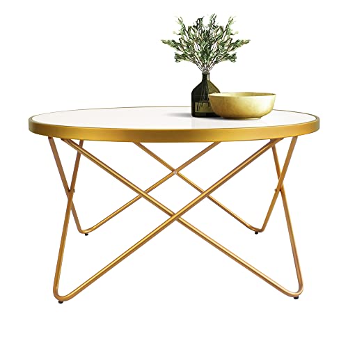 KithKasa Mid Century Modern Round Gold Coffee Table with White Glass and Metal Frame Central Table for Living Room Recepetion Room