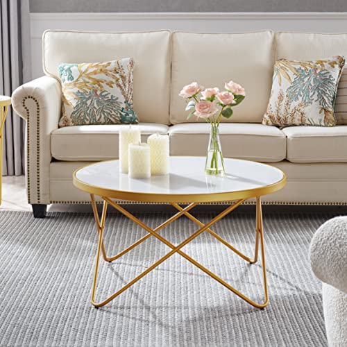 KithKasa Mid Century Modern Round Gold Coffee Table with White Glass and Metal Frame Central Table for Living Room Recepetion Room