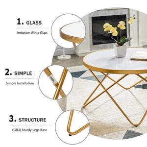 KithKasa Mid Century Modern Round Gold Coffee Table with White Glass and Metal Frame Central Table for Living Room Recepetion Room